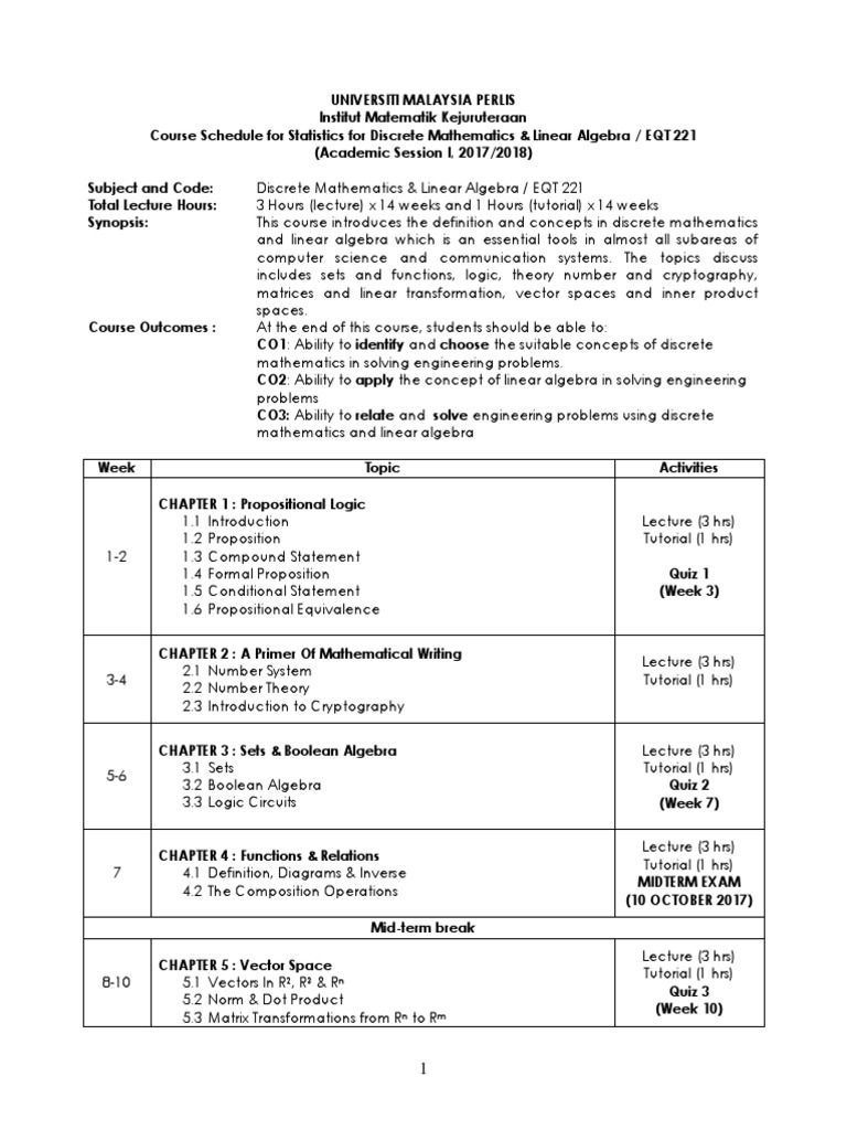 Courseoutline - EQT221 (STUDENTversion) | PDF | Discrete Mathematics | Linear Algebra