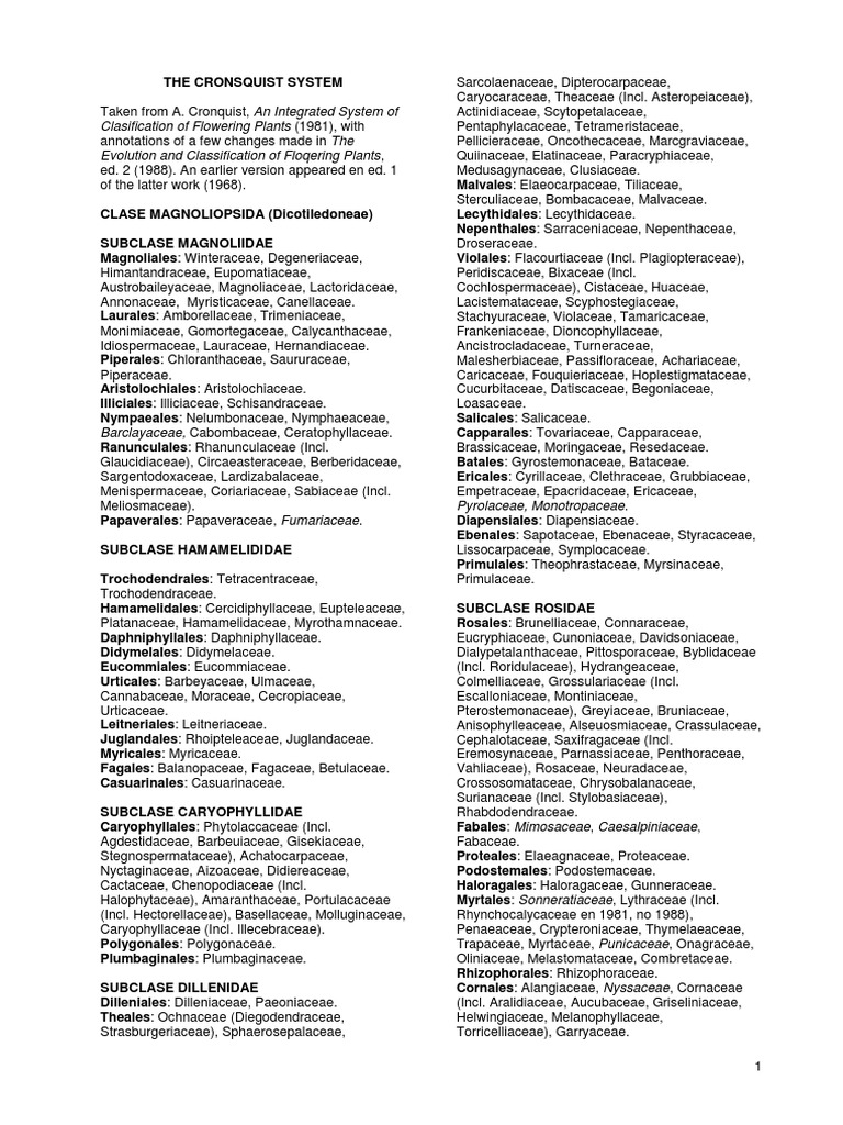 The Cronquist Sistem | PDF | Plants | Family