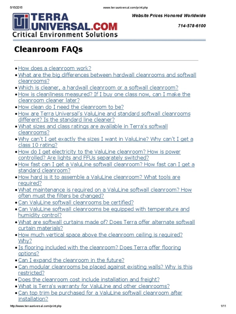 Cleanroom Faqs: Website Prices Honored Worldwide 714 578 6100 | PDF | Building Engineering | Nature