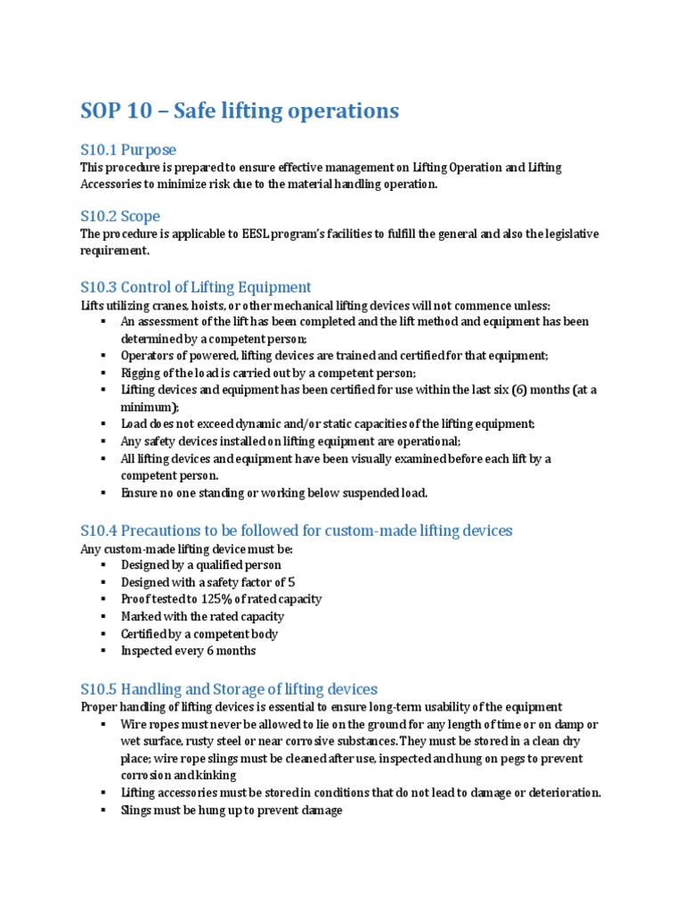 SOP 10 - Safe Lifting Operations PDF | PDF | Elevator | Crane (Machine)