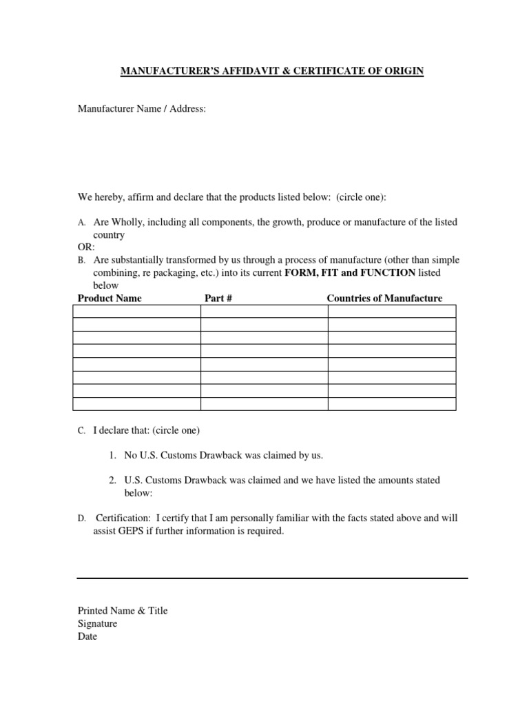 9801 Manufacturers Affidavit | PDF | Business 9801 Manufacturers Affidavit | PDF | Business