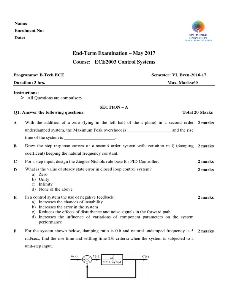 End-Term Examination - May 2017 Course: ECE2003 Control Systems | PDF ...