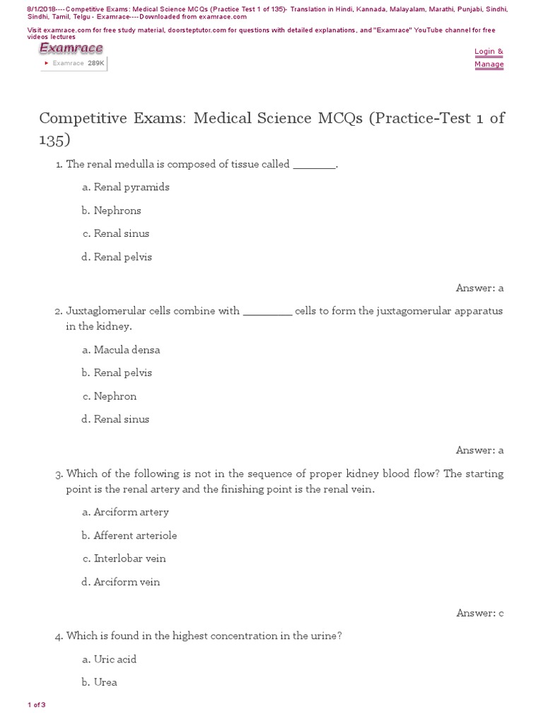 Medical Science MCQs Practice Test 1 | PDF | Kidney | Animal Anatomy