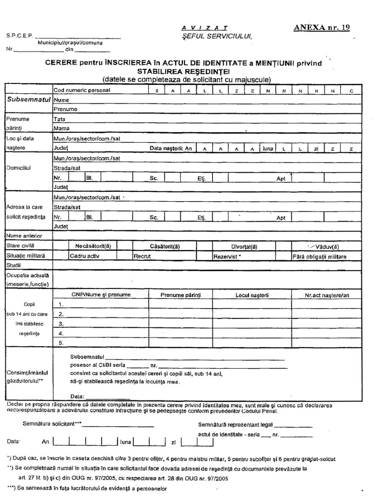 CERERE STABILIRE RESEDINTA - Anexa 19 PDF | PDF