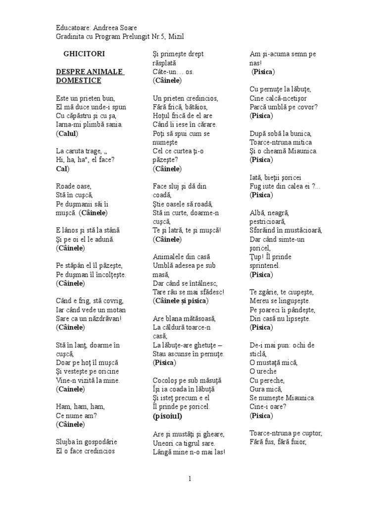 Ghicitori Animale Domestice | PDF