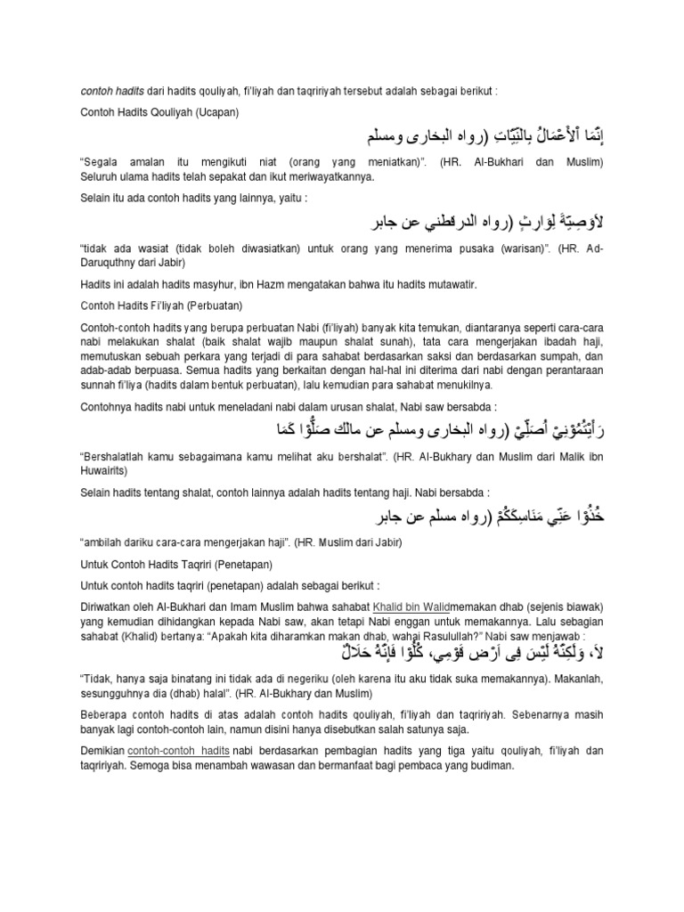 Contoh Hadits Taqririyah dan Jenisnya | PDF