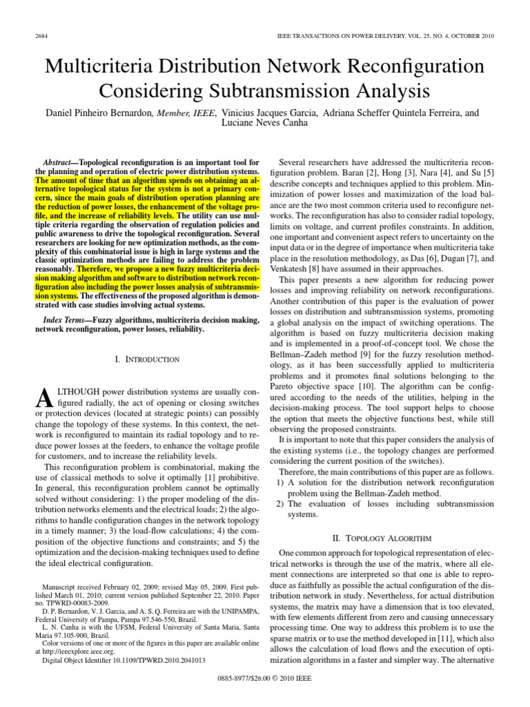 Multicriteria Distribution Network Reconfiguration Considering Subtransmission Analysis Pdf