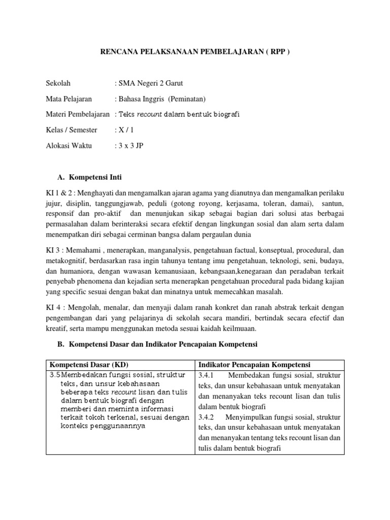 RPP Bahasa Inggris: Teks Recount Biografi | PDF | Karier & Perkembangan ...