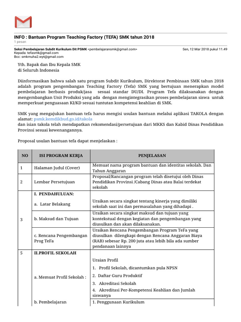 Gmail - InFO - Bantuan Program Teaching Factory (TEFA) SMK Tahun 2018 | PDF