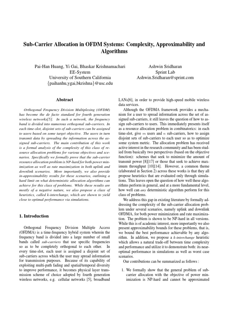 Sub-Carrier Allocation in OFDM Systems: Complexity, Approximability and Algorithms | PDF ...