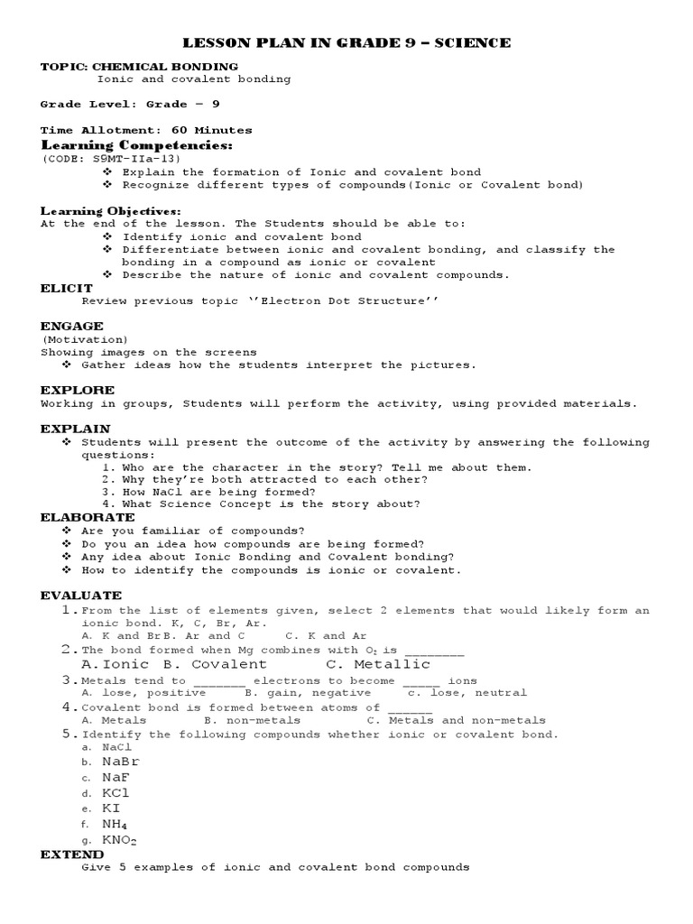 Lesson Plan in Grade 9 - Science: Grade Level: Grade - 9 Time Allotment ...
