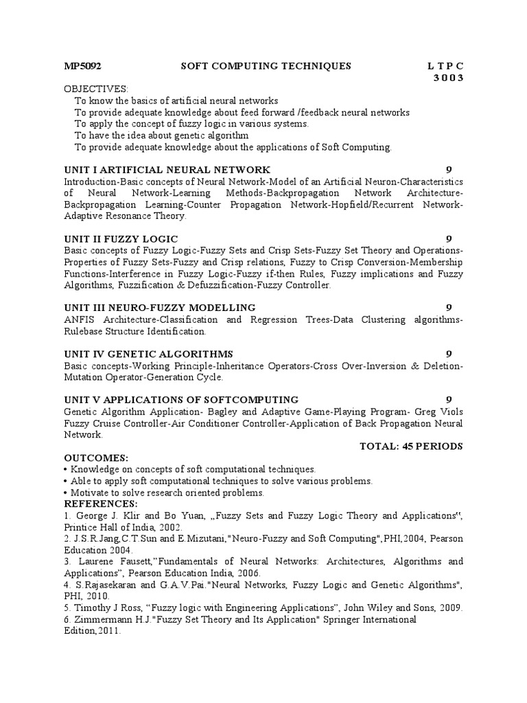 Soft Computing Techniques L T P C | PDF | Fuzzy Logic | Artificial Neural Network