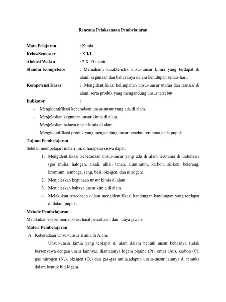 RPP Kimia Unsur-PBI (Kelas XII) | PDF | Kesehatan Holistik