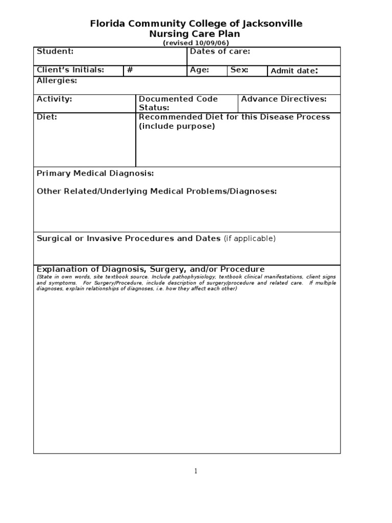 Care Plan Template | Medical Diagnosis | Health Sciences