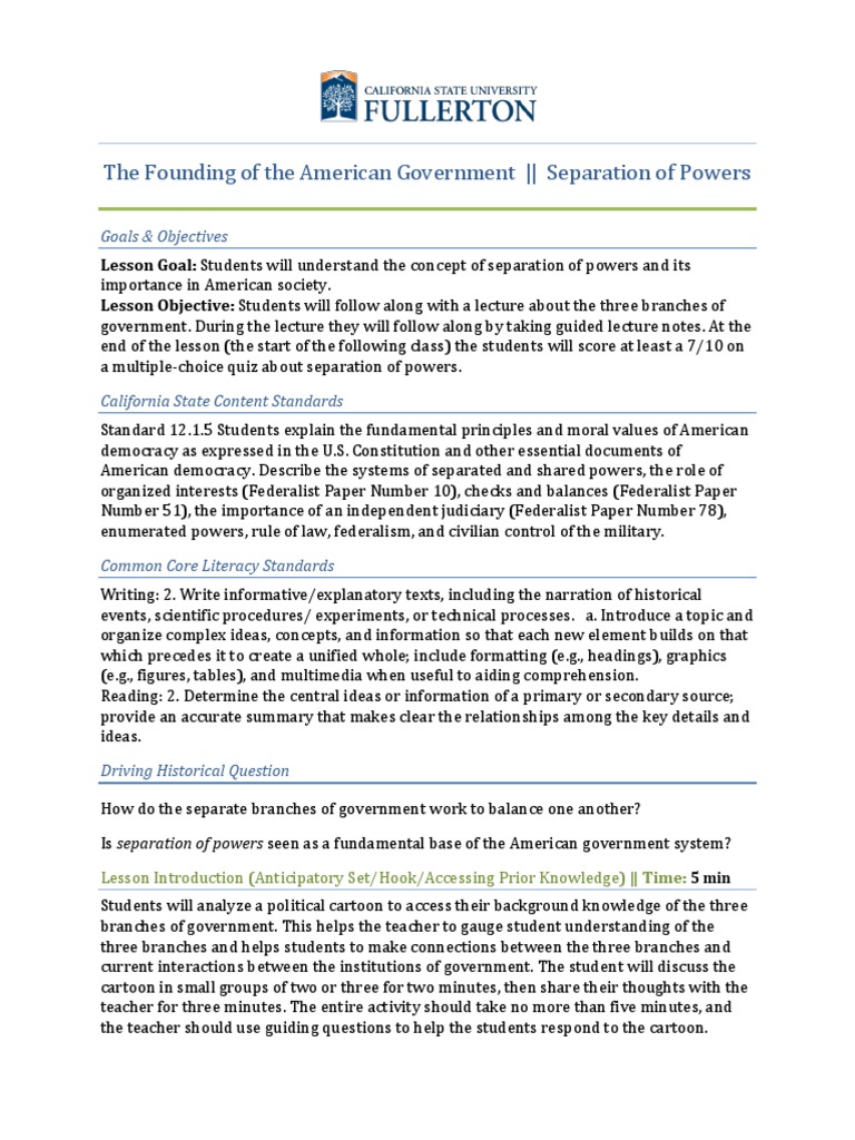 The Founding of The American Government Separation of Powers | PDF ...
