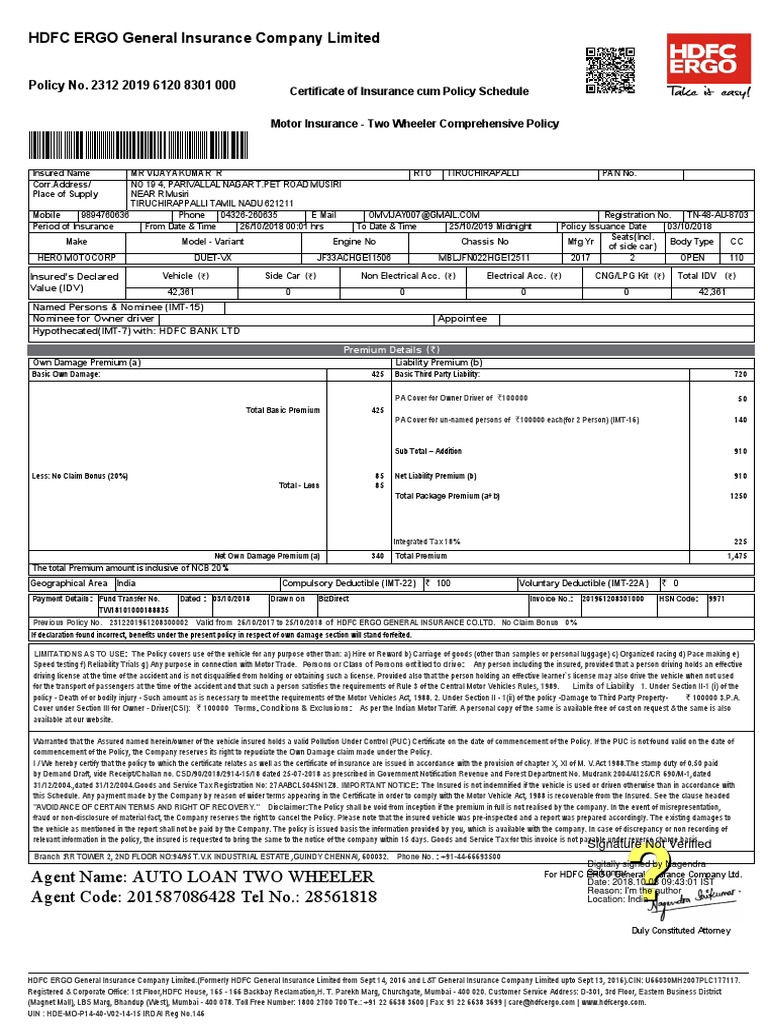 HDFC ERGO General Insurance Company Limited: Policy No. 2312 2019 6120 ...