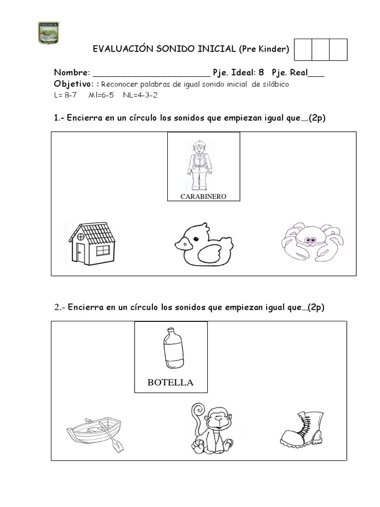 Evaluación Sonido Inicial - Docxpre Kinder | PDF