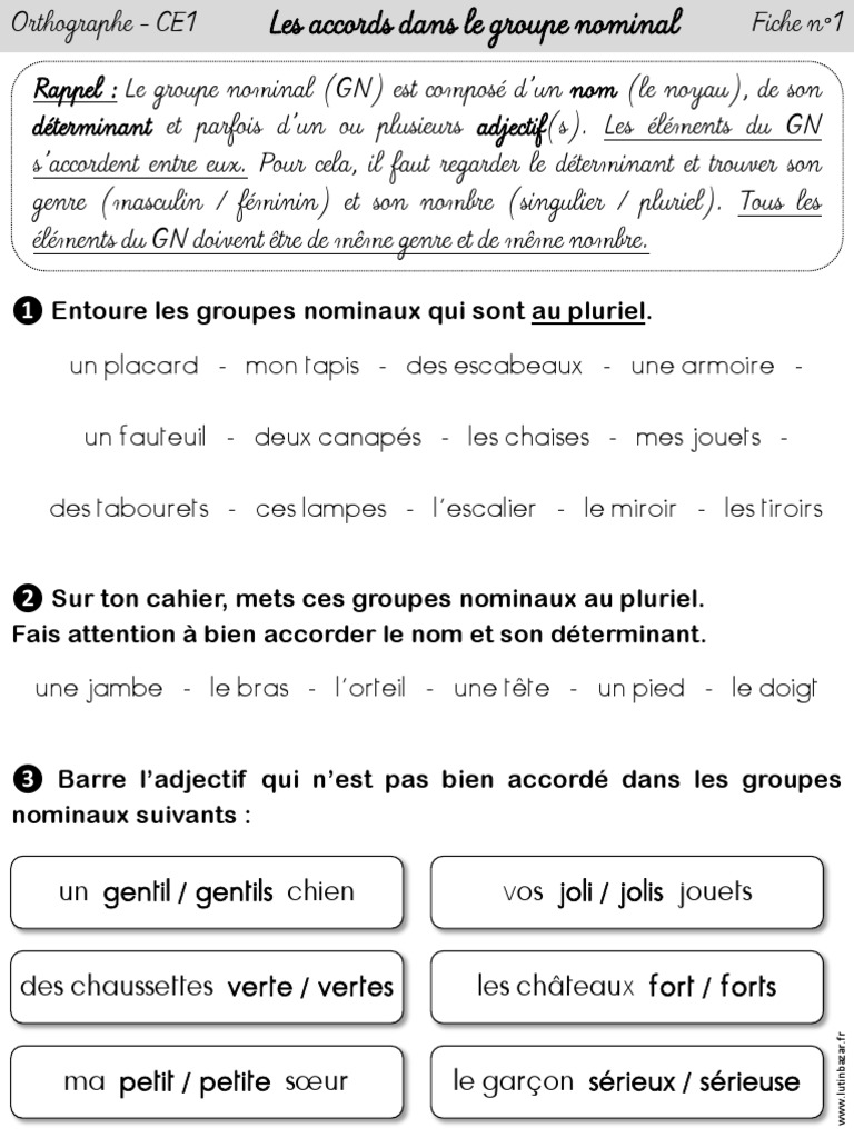 Accords GN Fiches Dexercices CE1 LB | PDF | Genre grammatical | Nombre grammatical