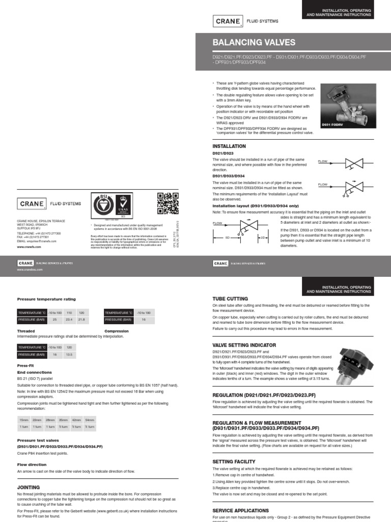 Crane FS Balancing Valve IOM | PDF | Valve | Flow Measurement