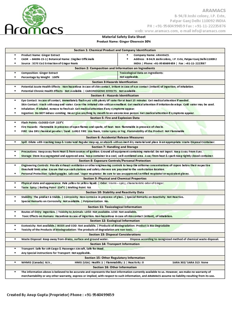 Ginger Extract Msds PDF | PDF | Toxicity | Odor