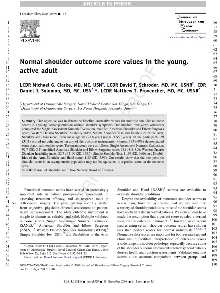 Proof: Normal Shoulder Outcome Score Values in The Young, Active Adult ...