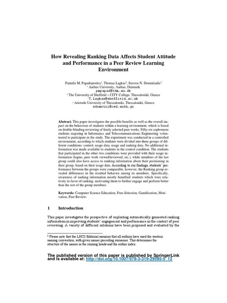 How Revealing Rankings Affects Student Attitude and Performance in A ...