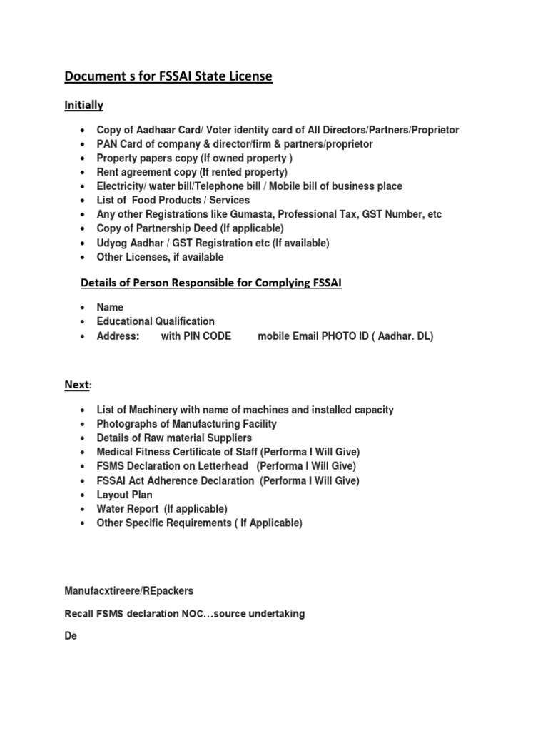 Document S For FSSAI State License | PDF