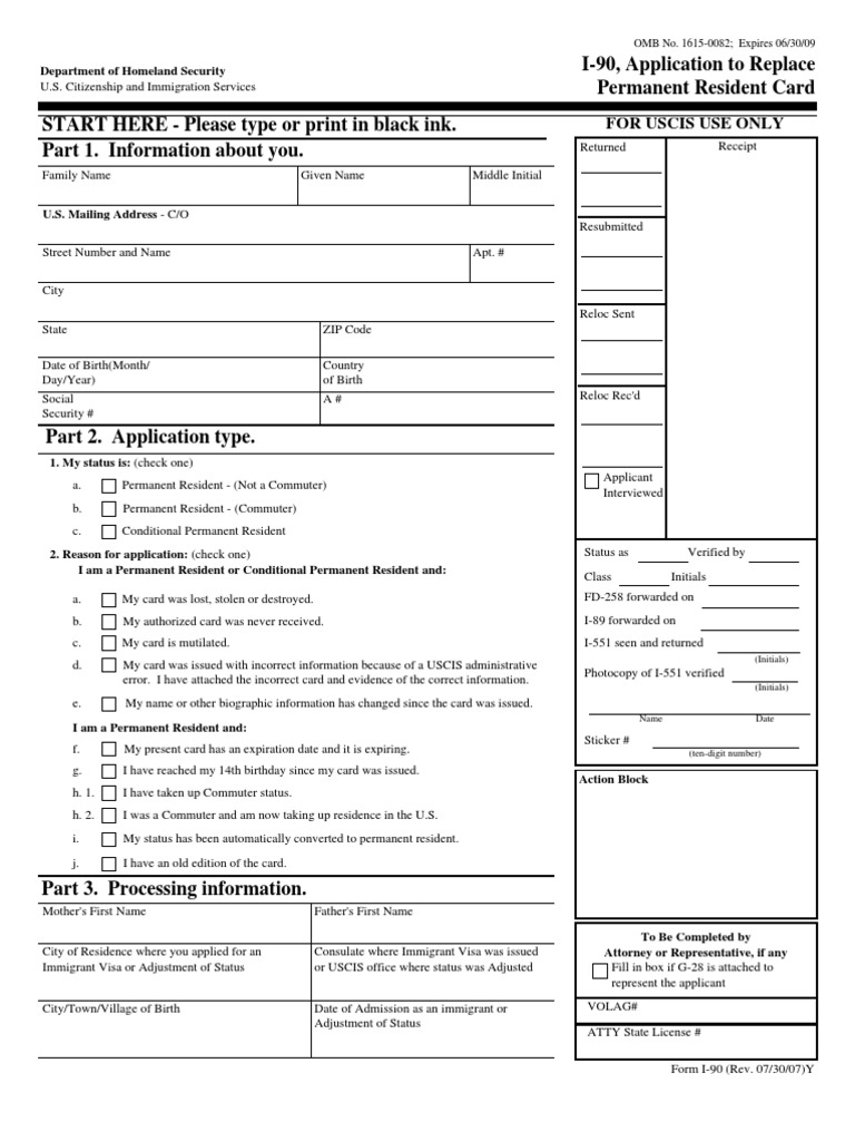I-90, Application To Replace Permanent Resident Card: For Uscis Use ...