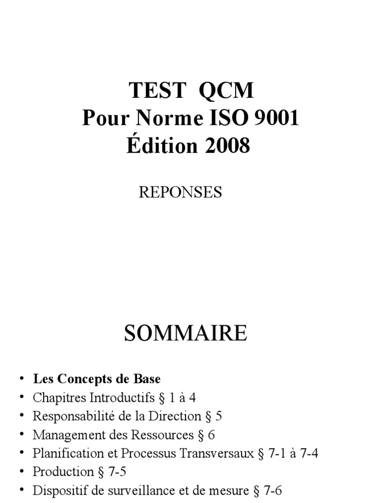 QCM ISO 9001 : Test et Corrigé 2015 | PDF | Management de la qualité ...