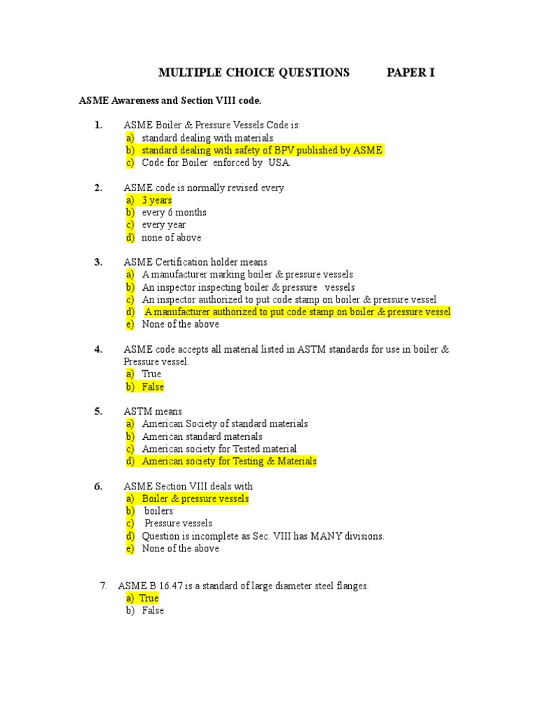 Multiple Choice Questions Paper I: ASME Awareness and Section VIII Code ...
