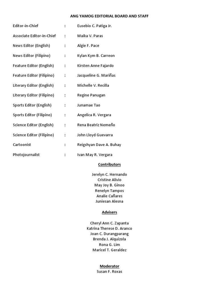 Editorial Board And Staff Pdf