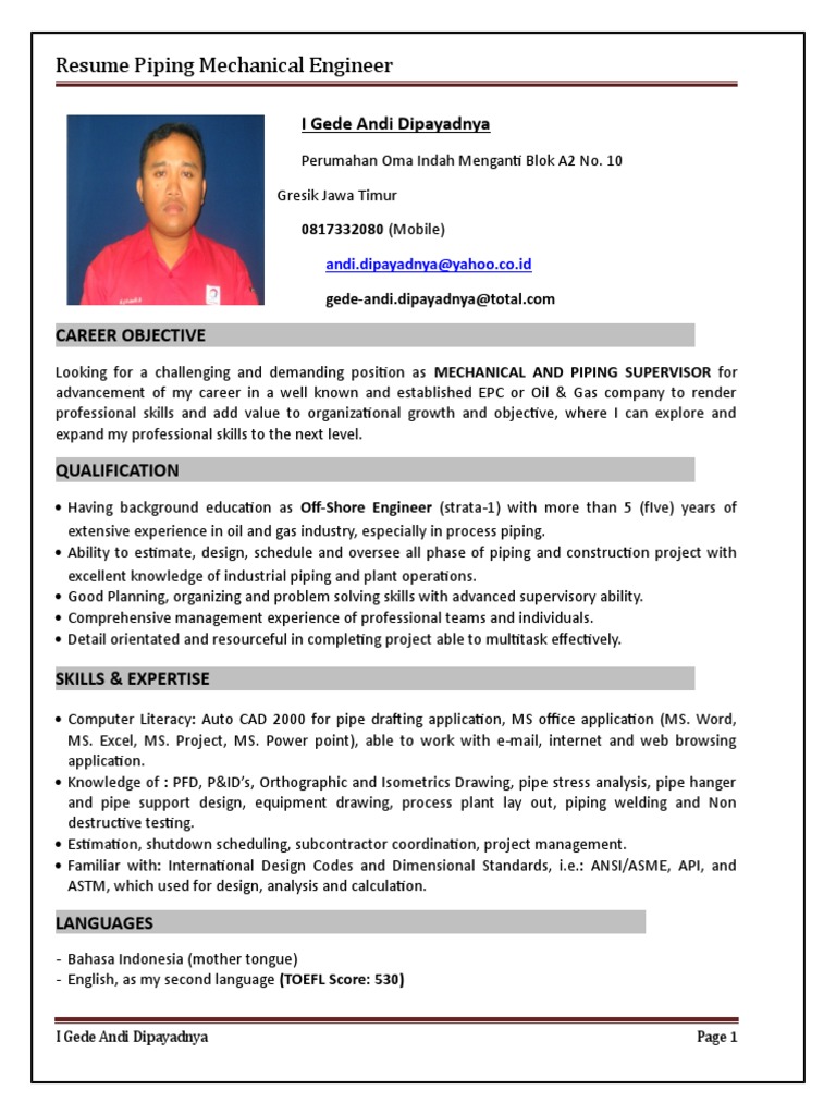 Resume Piping Superintendent Gedeandi | PDF | Pipe (Fluid Conveyance ...
