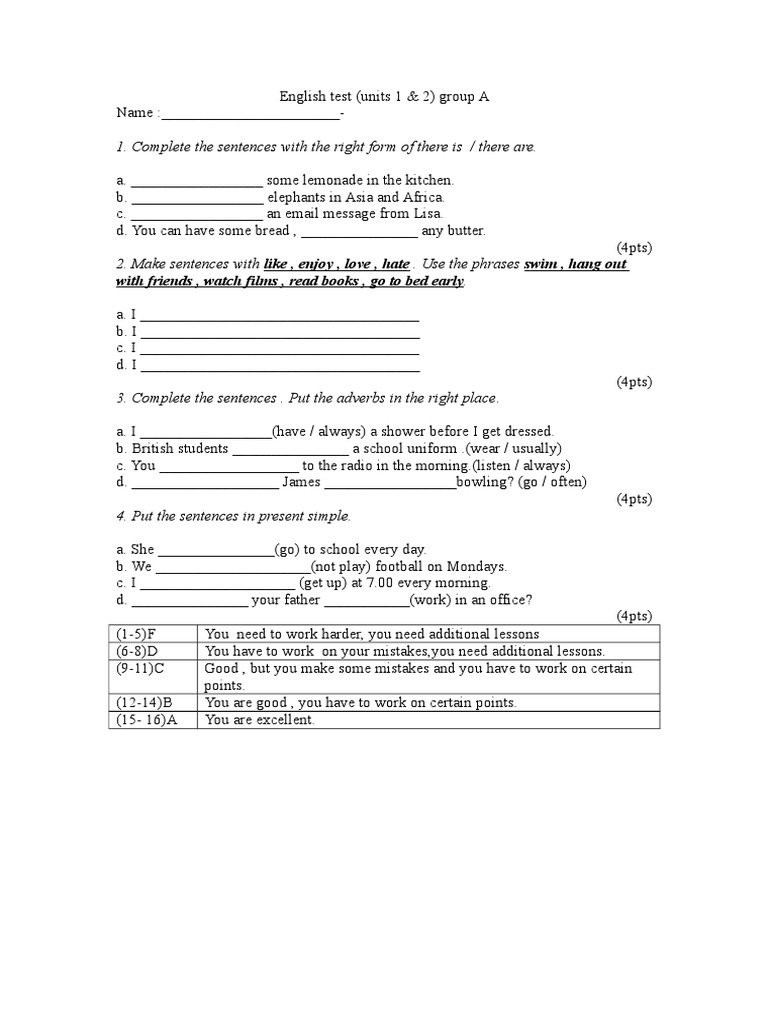 English Test Units 1 & 2: Group A | PDF