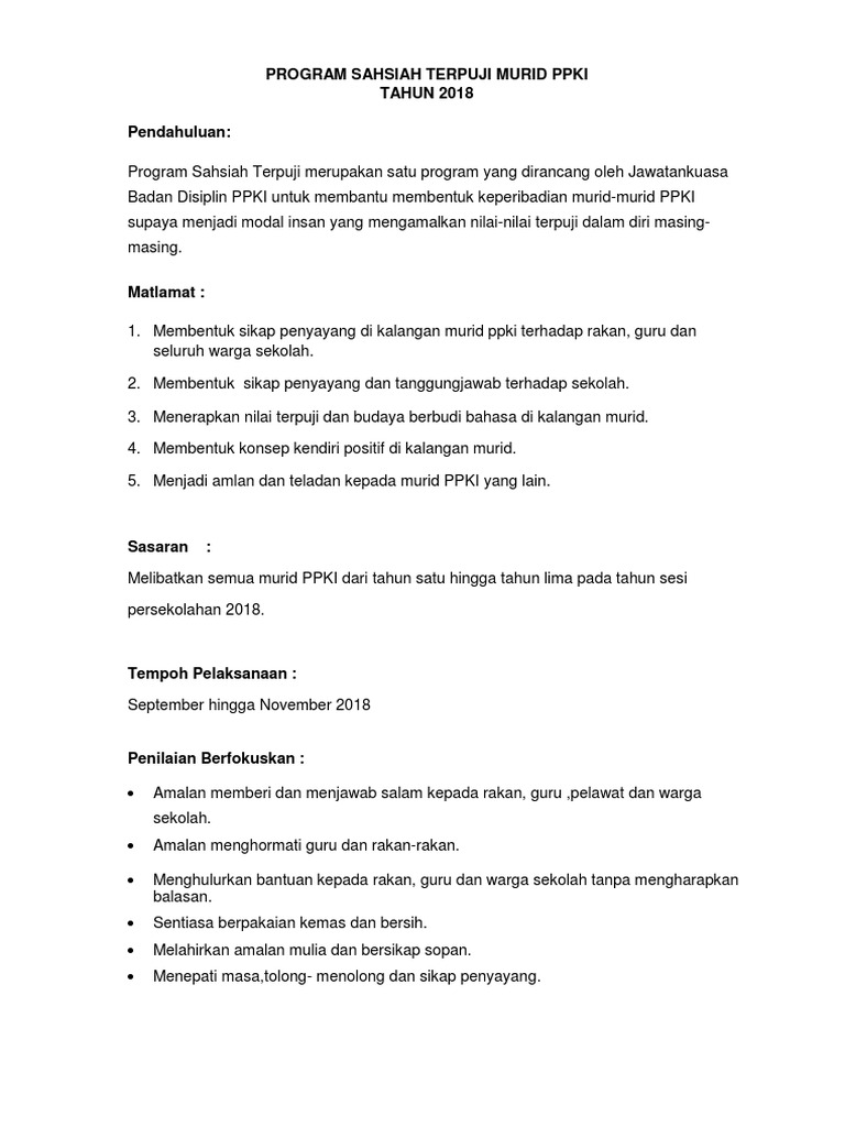 Program Sahsiah Terpuji Murid Ppki | PDF