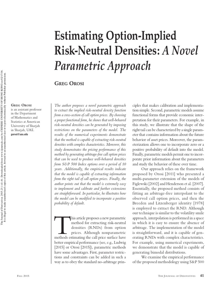 Estimating Option Implied Risk Neutral Densities A Novel Parametric Approach Pdf Arbitrage