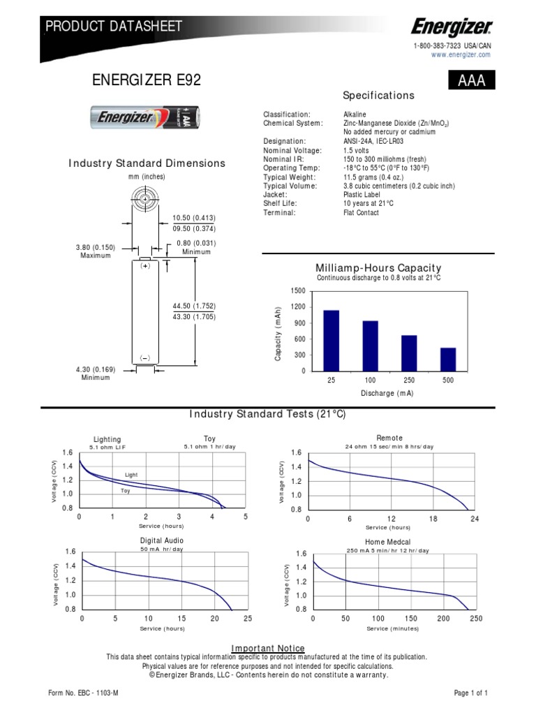 Energizer E92: Product Datasheet | PDF | Electromagnetism | Electricity
