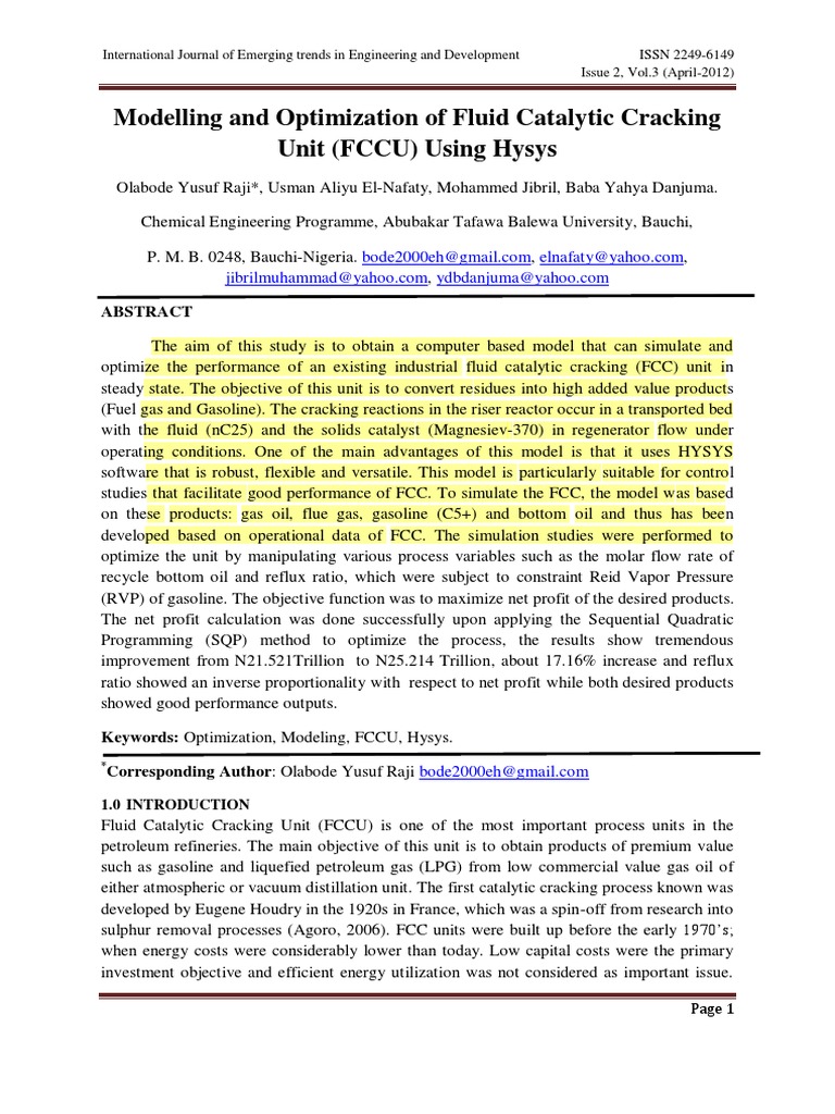 Modelling and Optimization of Fluid Catalytic Cracking Unit (FCCU) Using Hysys | PDF | Cracking ...