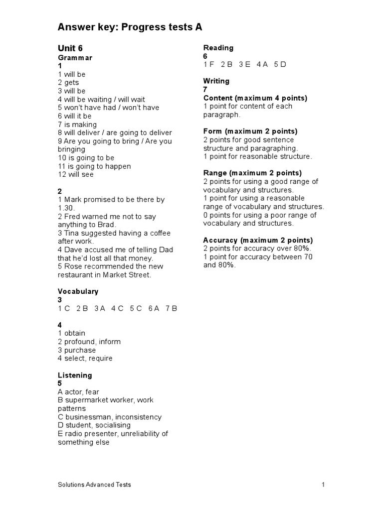 Answer Key: Progress Tests A: Unit 6 | PDF