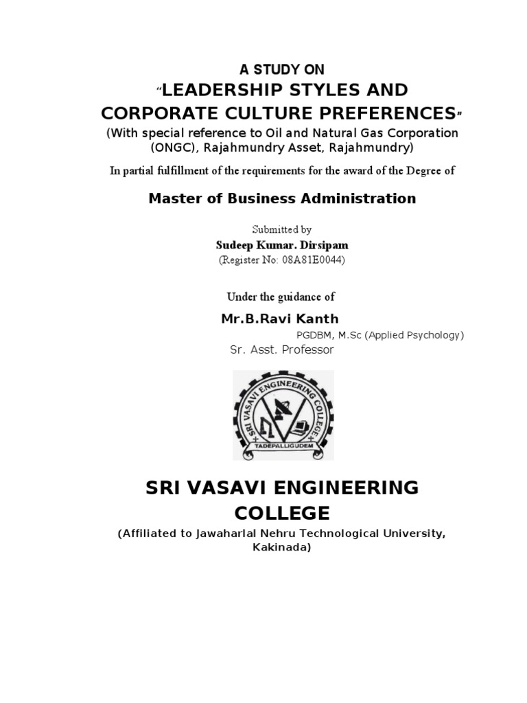 A Study On Leadership Styles and Coporate Culture Preferences in Ongc ...