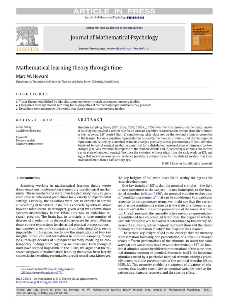 Journal of Mathematical Psychology: Marc W. Howard | PDF | Memory ...