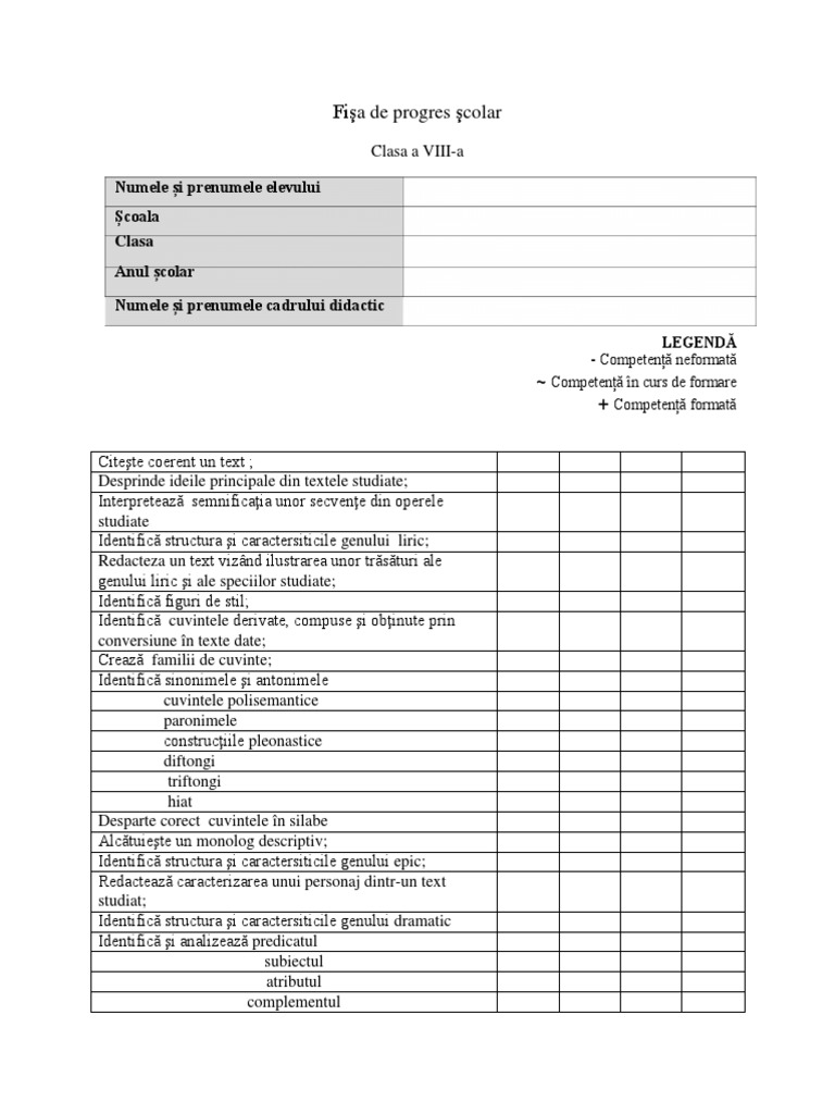 Fisa de Progres Scolar | PDF