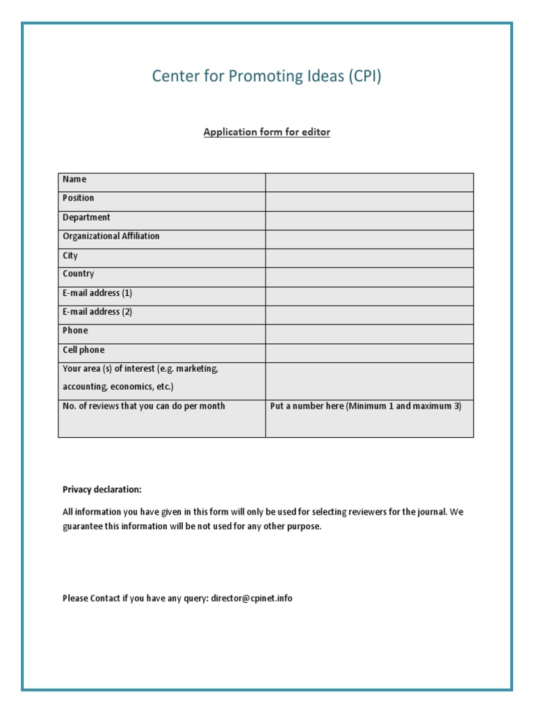 Center For Promoting Ideas (CPI) : Application Form For Editor | PDF