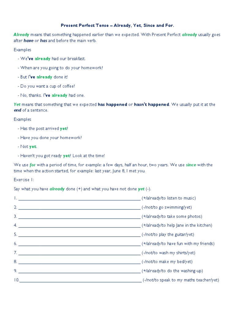 A Comprehensive Guide to Using Already, Yet, Since and For in the Present Perfect Tense | PDF ...