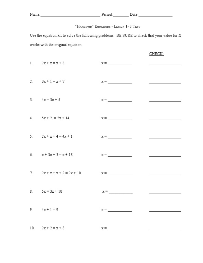 Hands-On Equations Test: Lessons 1-3 | PDF