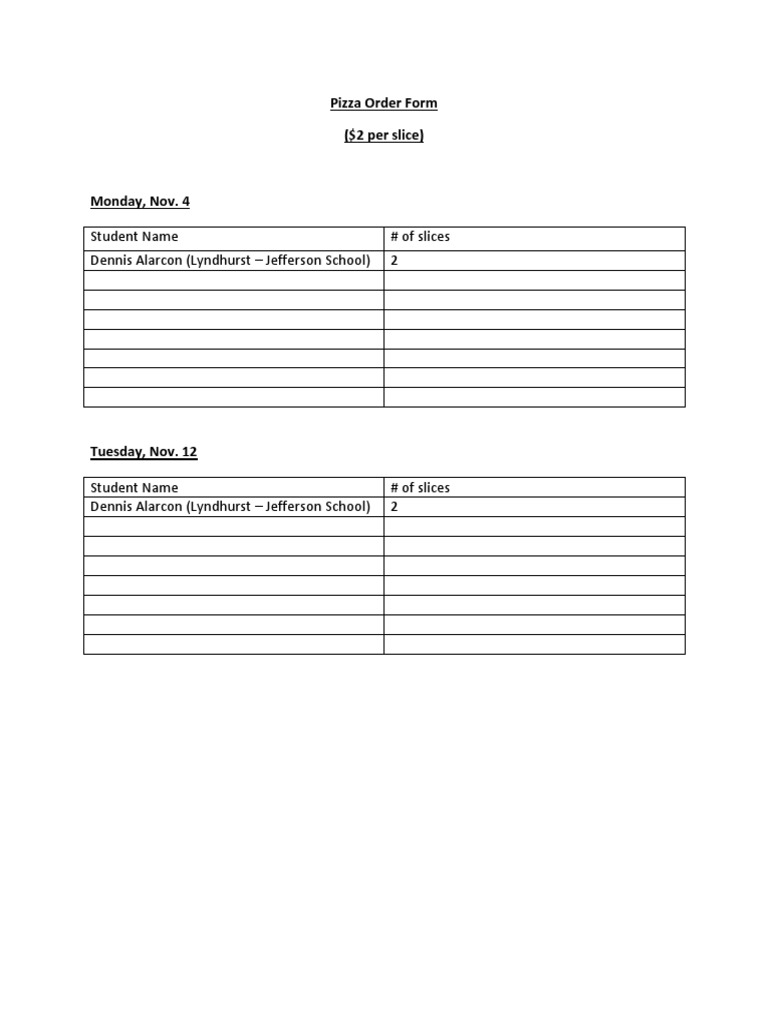 Pizza Order Form ($2 Per Slice) : Student Name # of Slices Dennis ...