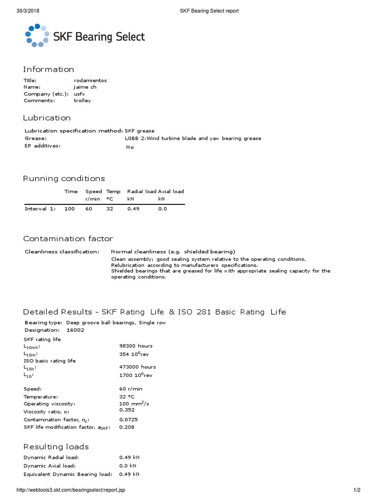 Reporte SKF | PDF | Bearing (Mechanical) | Applied And ...