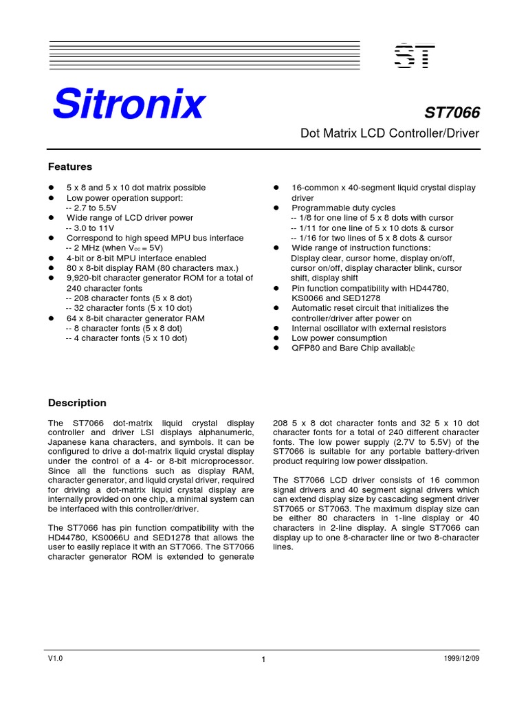 Sitronix: Dot Matrix LCD Controller/Driver | PDF | Computer Data ...