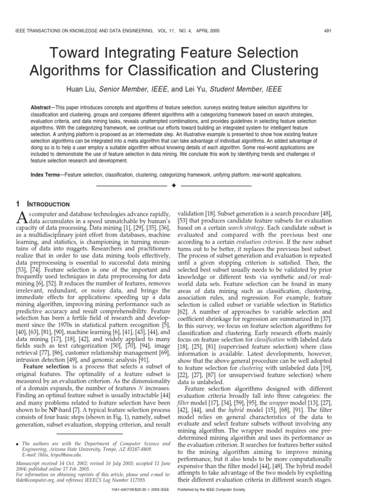Toward Integrating Feature Selection Algorithms For Classification And Clustering M7s Pdf Pdf