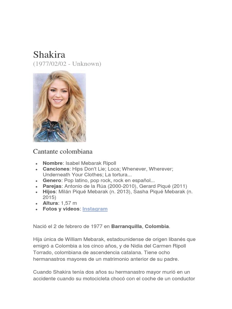 Biografía breve de Shakira | PDF | Industria de la música | Premio de ...