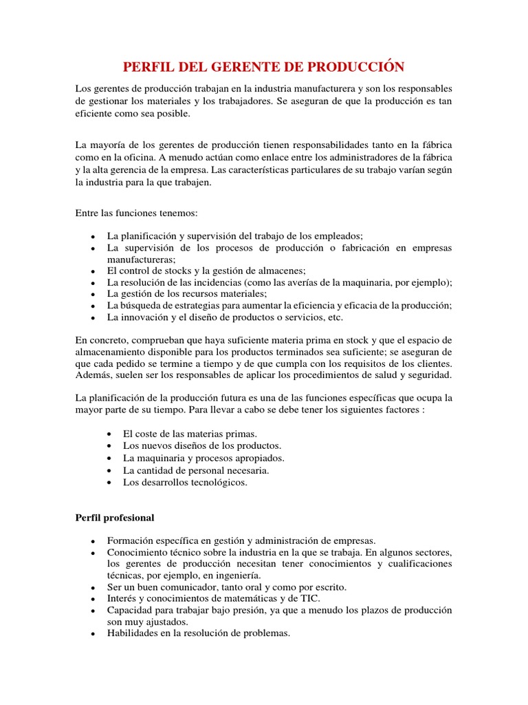 Perfil Del Gerente de Producción | PDF | Planificación | Business